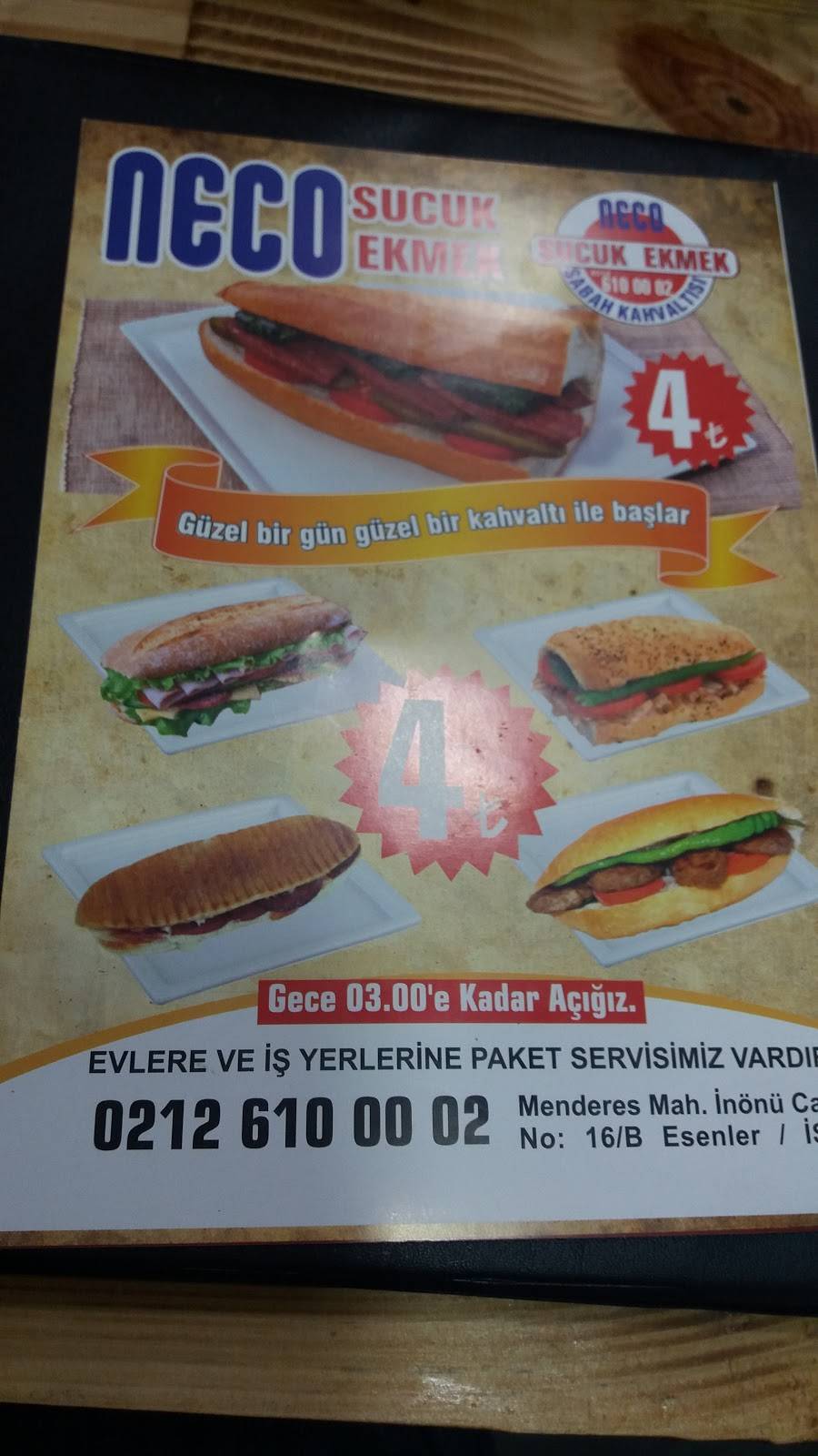 Carta de NECO SUCUK EKMEK ==NECO CAFE, Estambul, İnönü Cd. no 16a