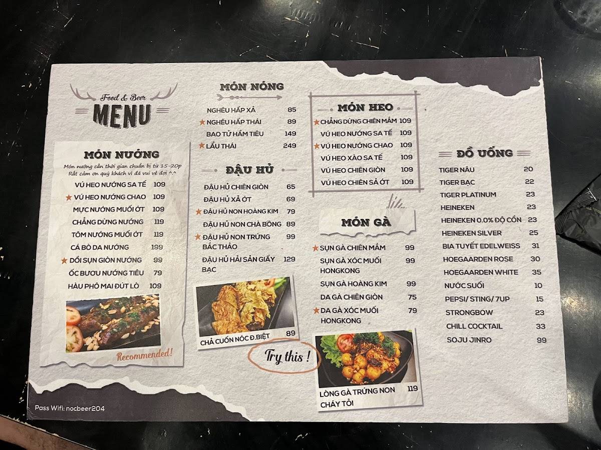 Menu at NÓC Beer restaurant, Ho Chi Minh City