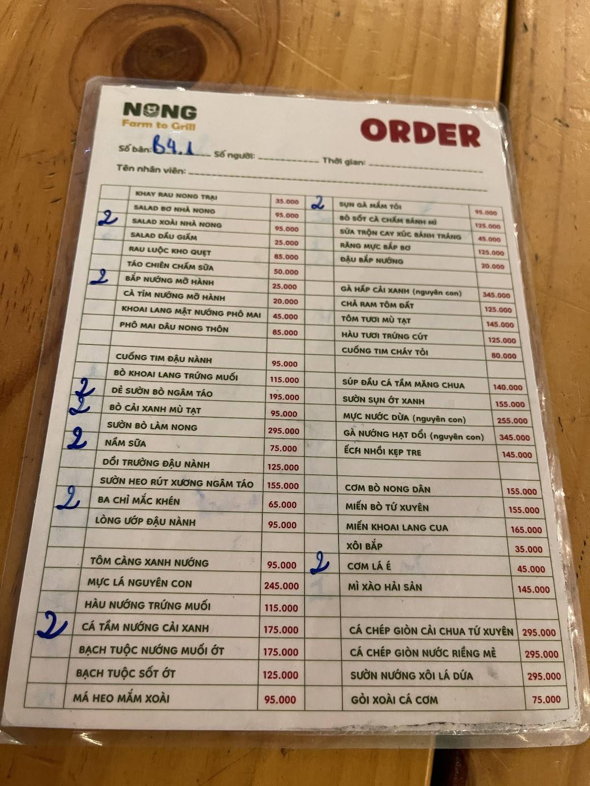 Menu at NONG - Farm To Grill restaurant, Ho Chi Minh City