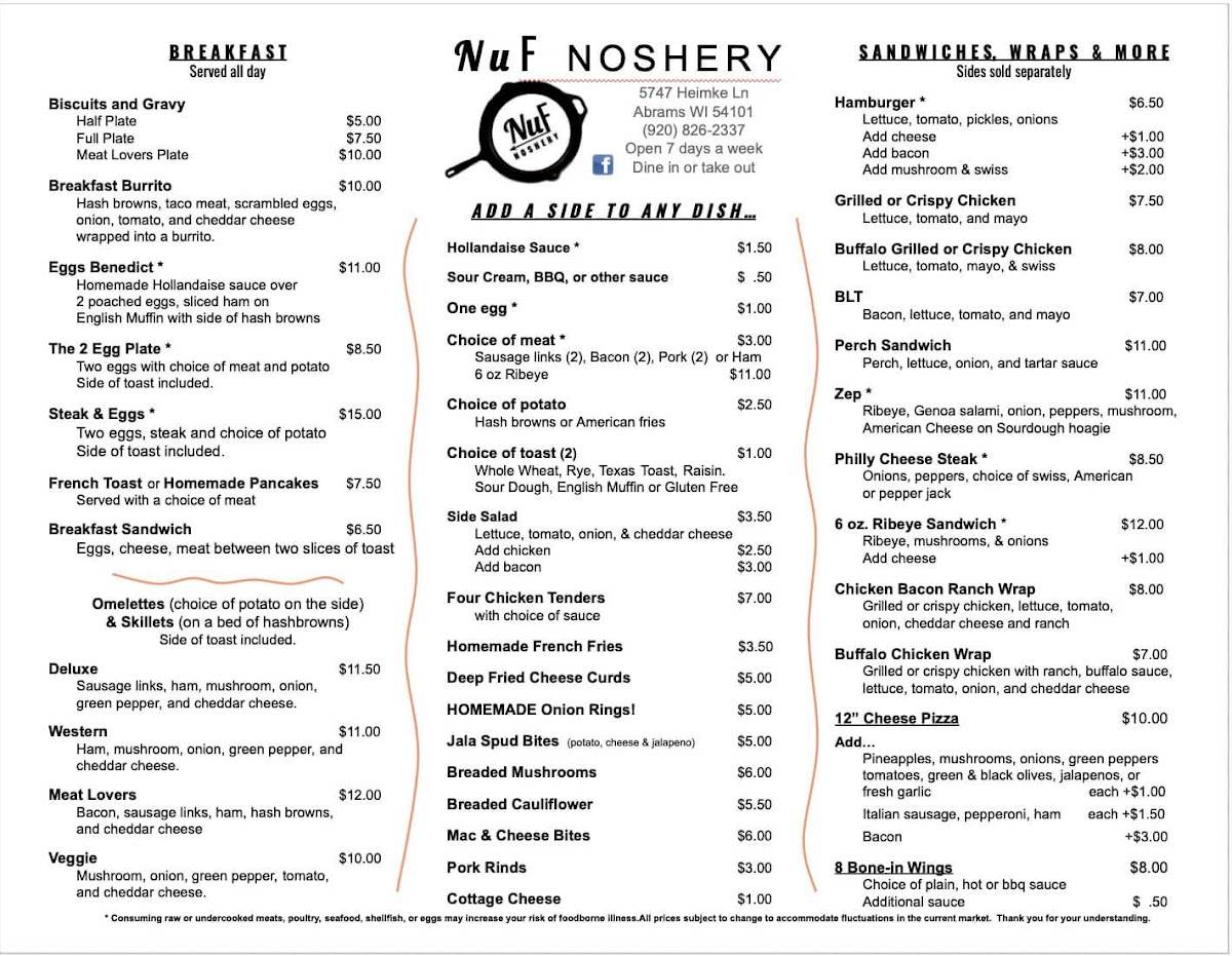 Menu at NUf Noshery restaurant, Abrams