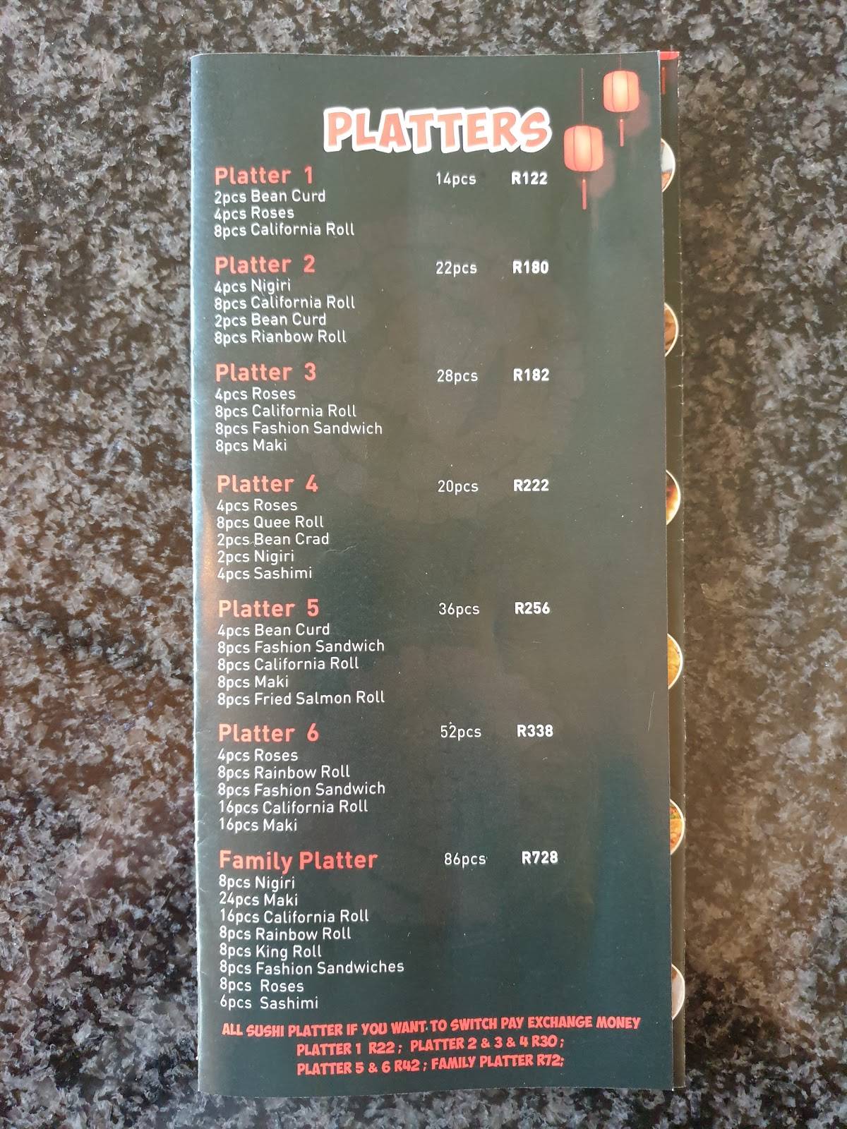 Menu at Nagoya Restaurant, Bloemfontein
