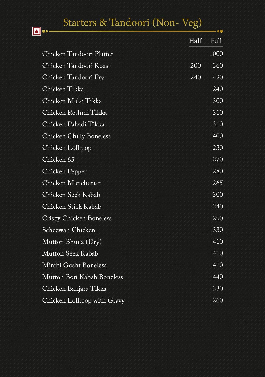 Menu at Mughal Darbar, Nagpur