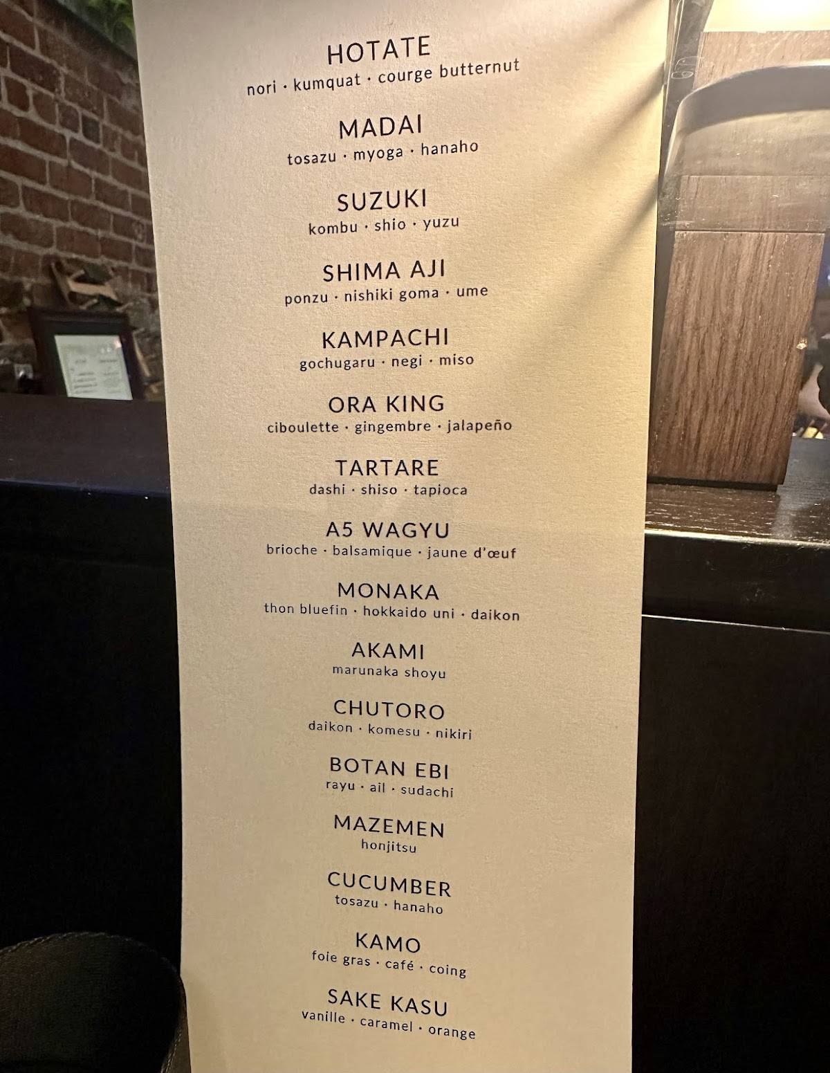 Menu at Nama Omakase restaurant, Montréal