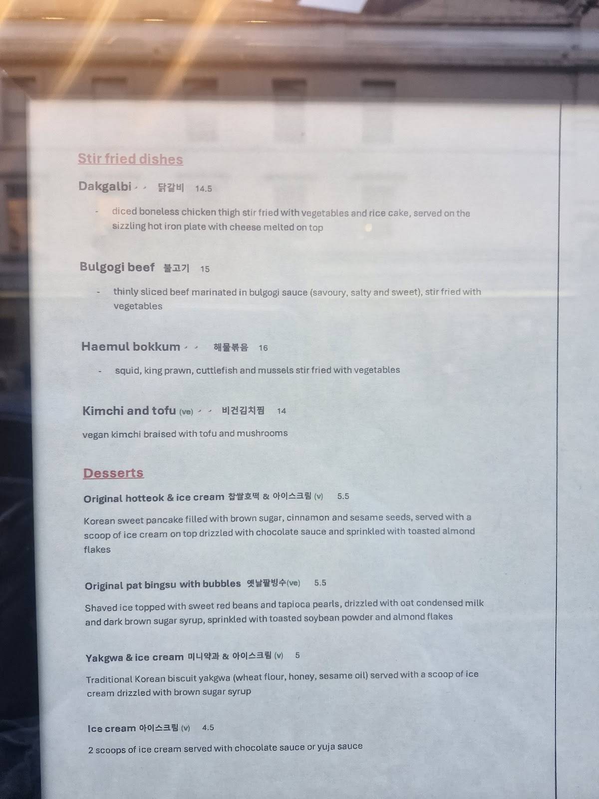 Menu at Namu Korean Kitchen restaurant, Glasgow