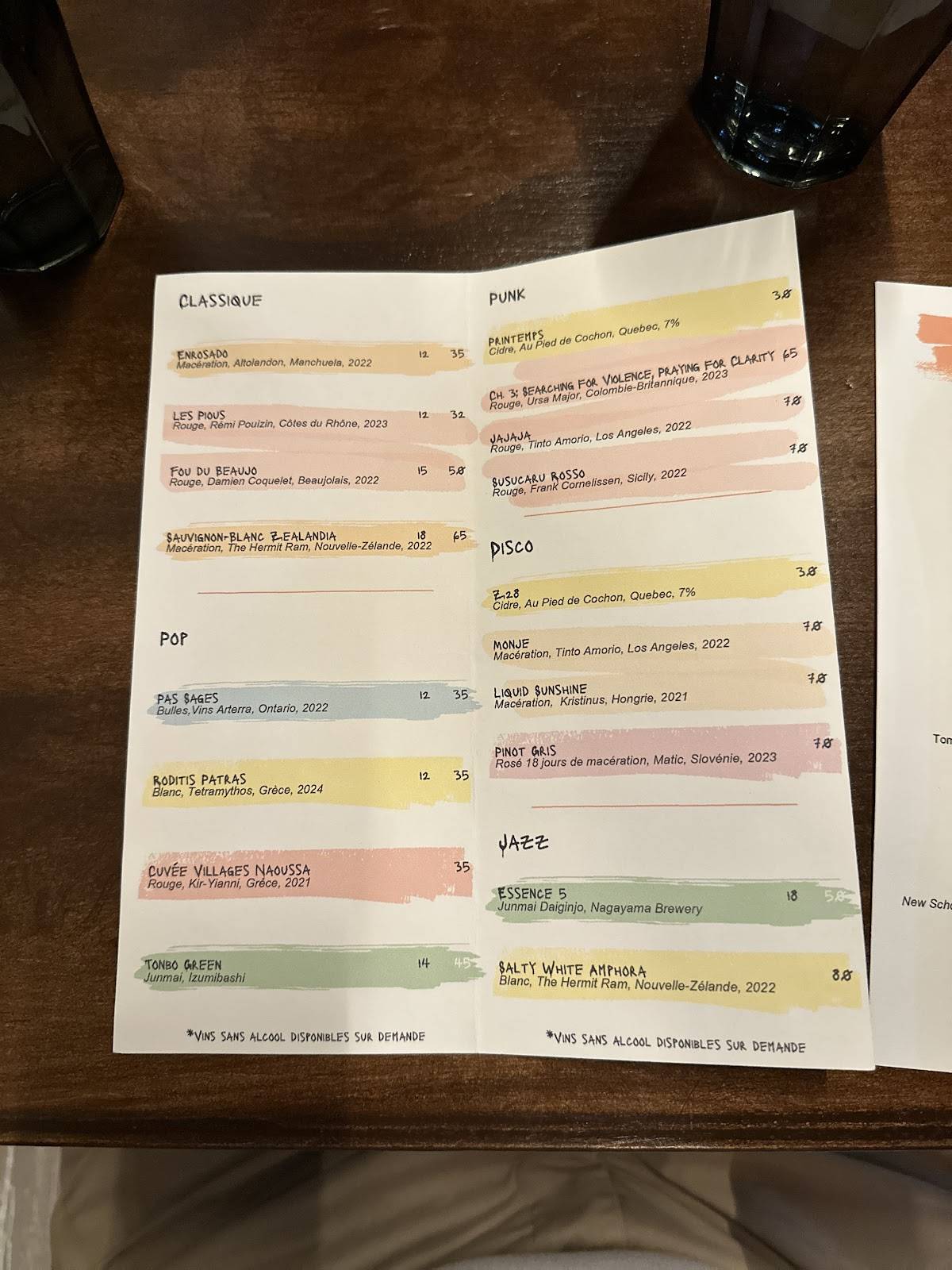 Menu at Natsu restaurant, Montréal