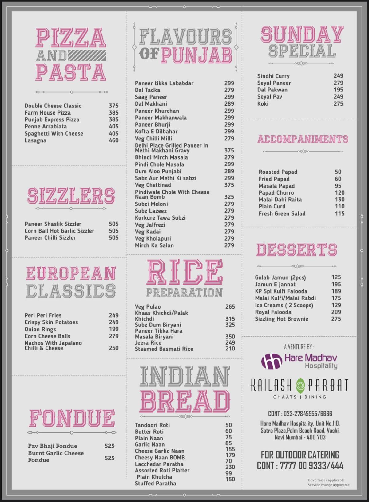 Menu at Kailash Parbat, Navi Mumbai, Unit No.110