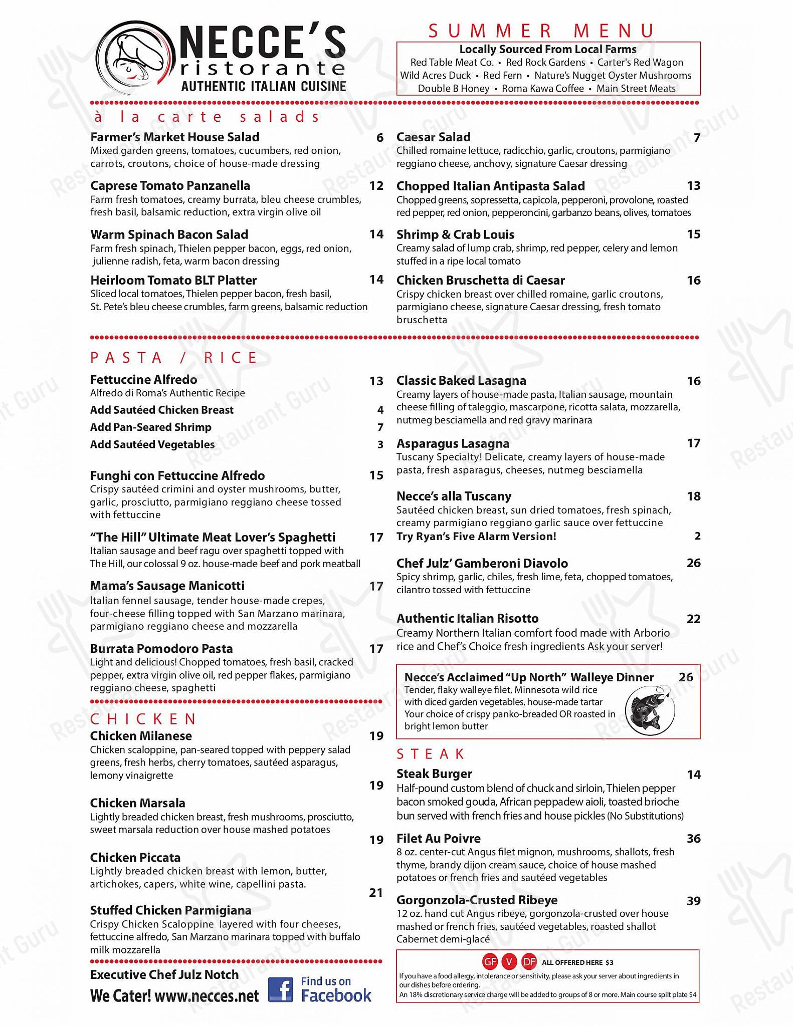 Menu at Necces Italiano Restaurante, Park Rapids