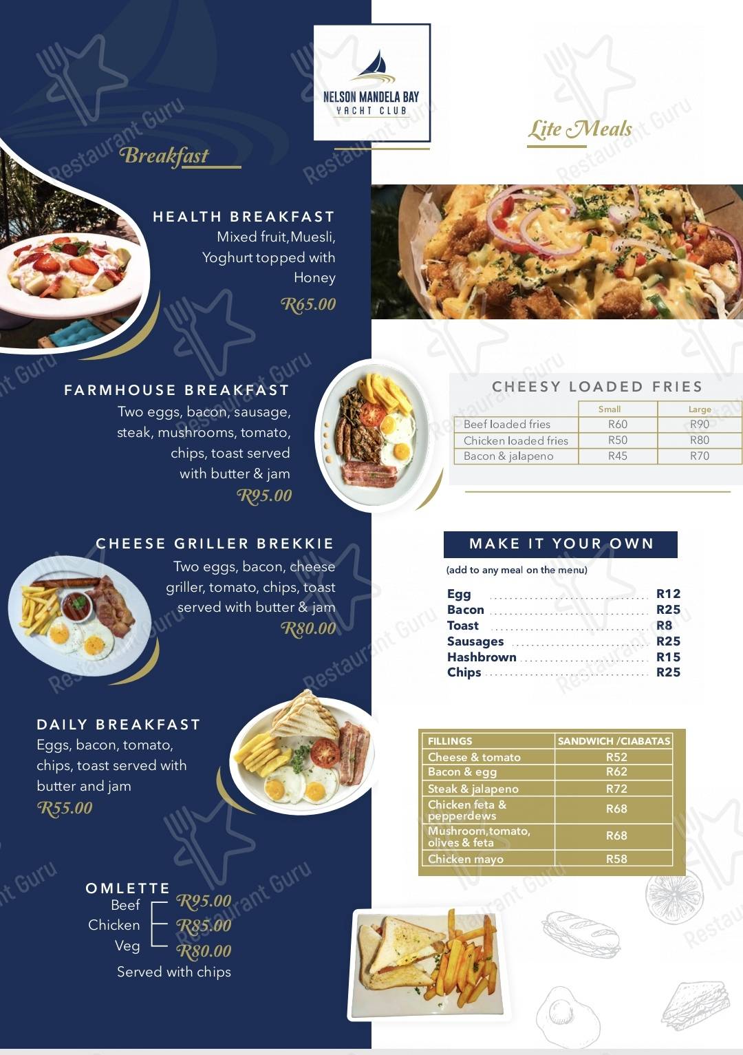 Menu at Nelson Mandela Bay Yacht Club, Port Elizabeth