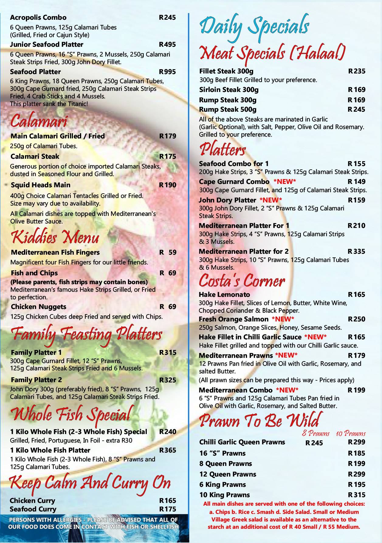 Menu at Mediterranean restaurant, Nelspruit, Riverside Mall