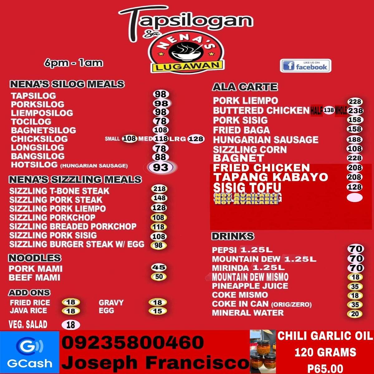 Menu at Nena's Lugawan restaurant, Navotas, 30 San Marcos St