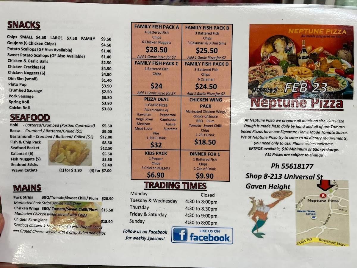 Menu at Neptune Pizza pizzeria, Oxenford