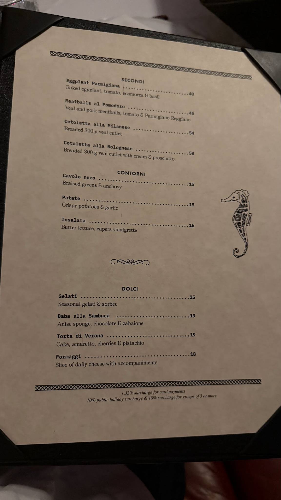 Menu at Neptune's Grotto restaurant, Sydney