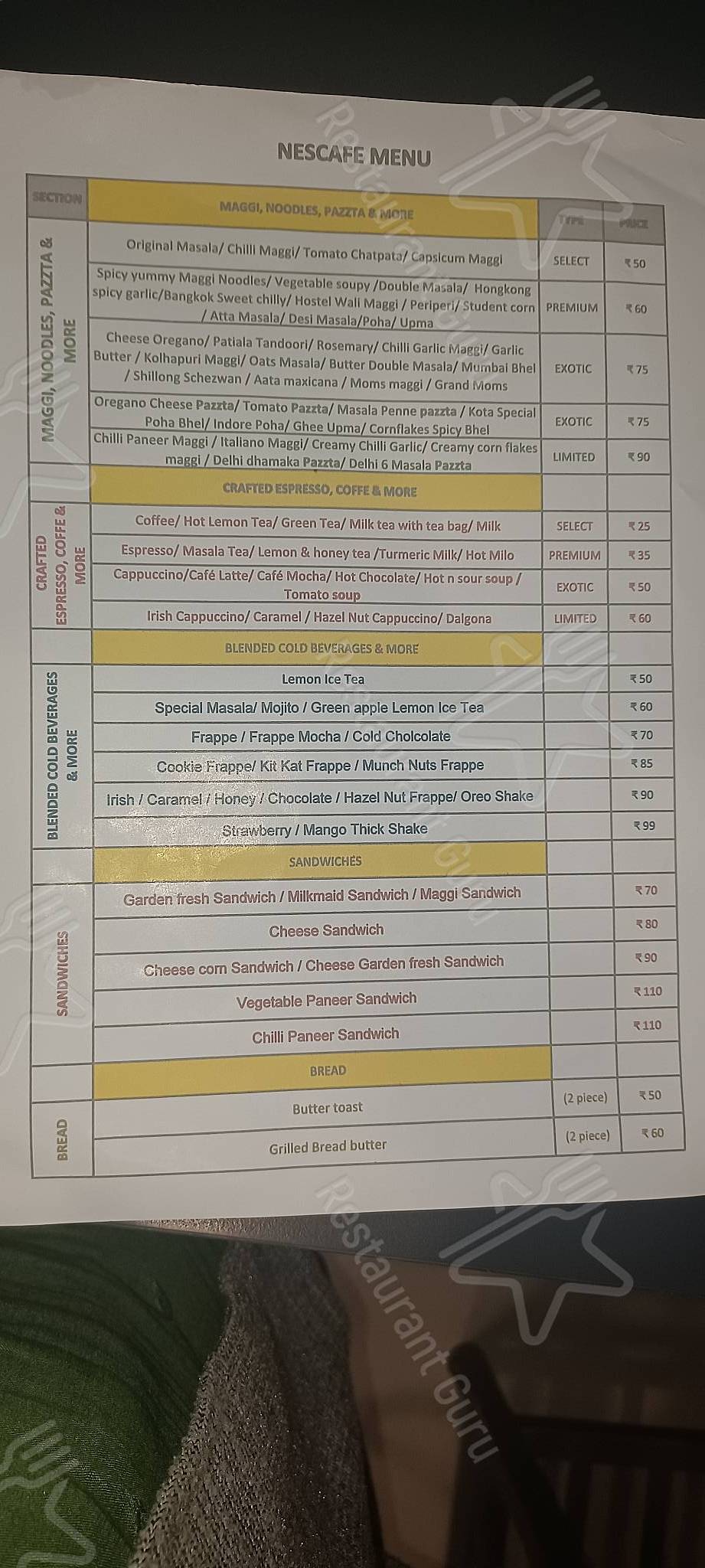 Menu at Nescafe Cafe, Satna