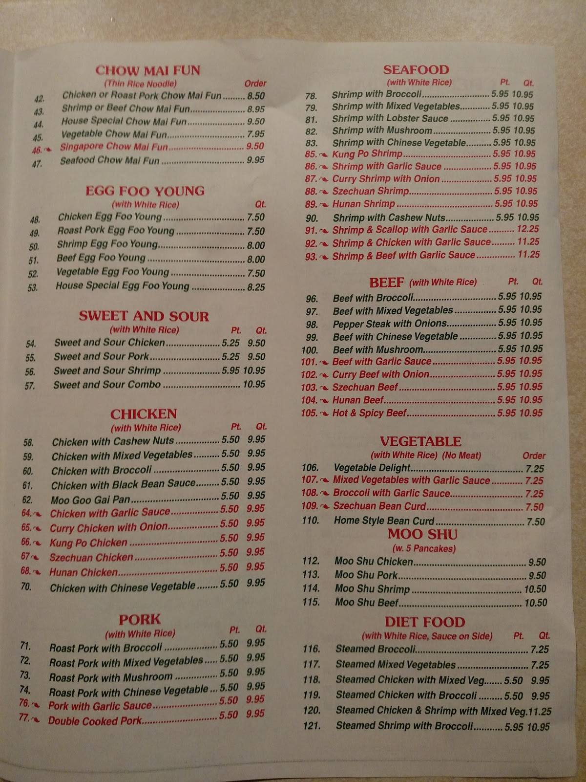 Menu at New China restaurant, Calabash