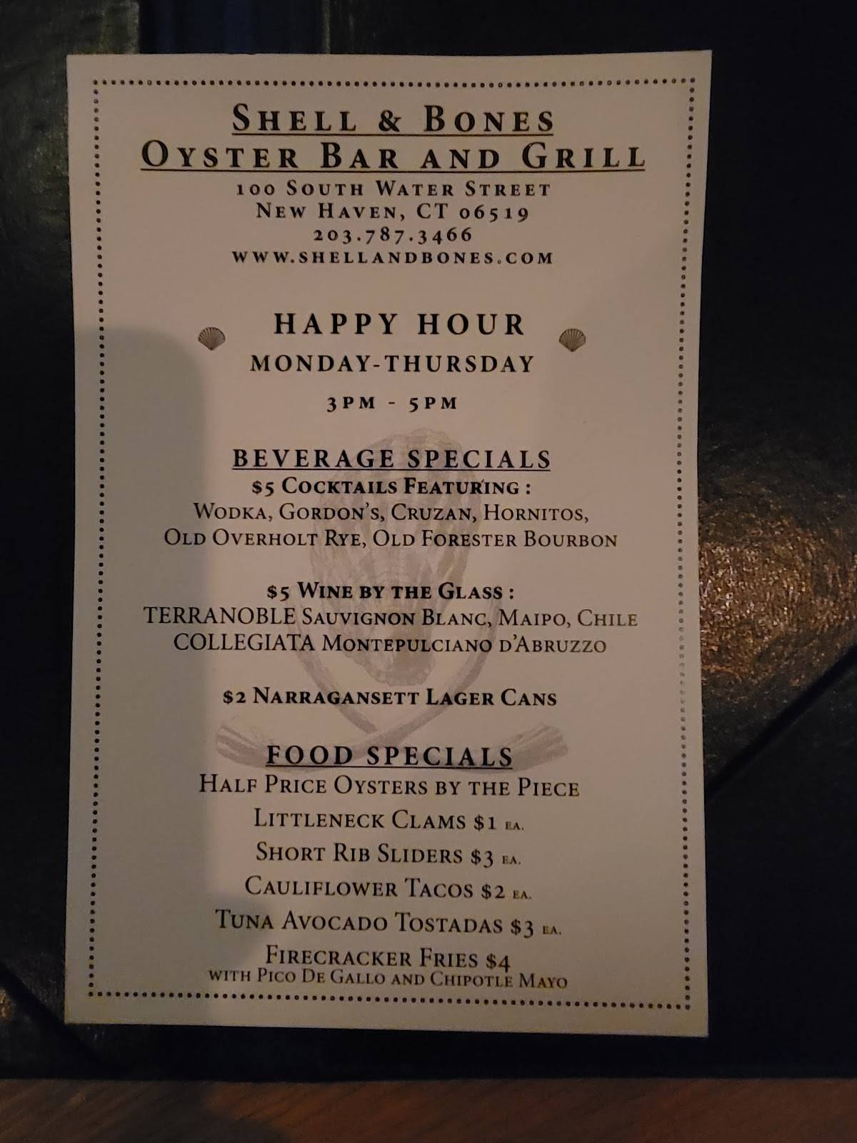 Menu at Shell & Bones Oyster Bar & Grill, New Haven