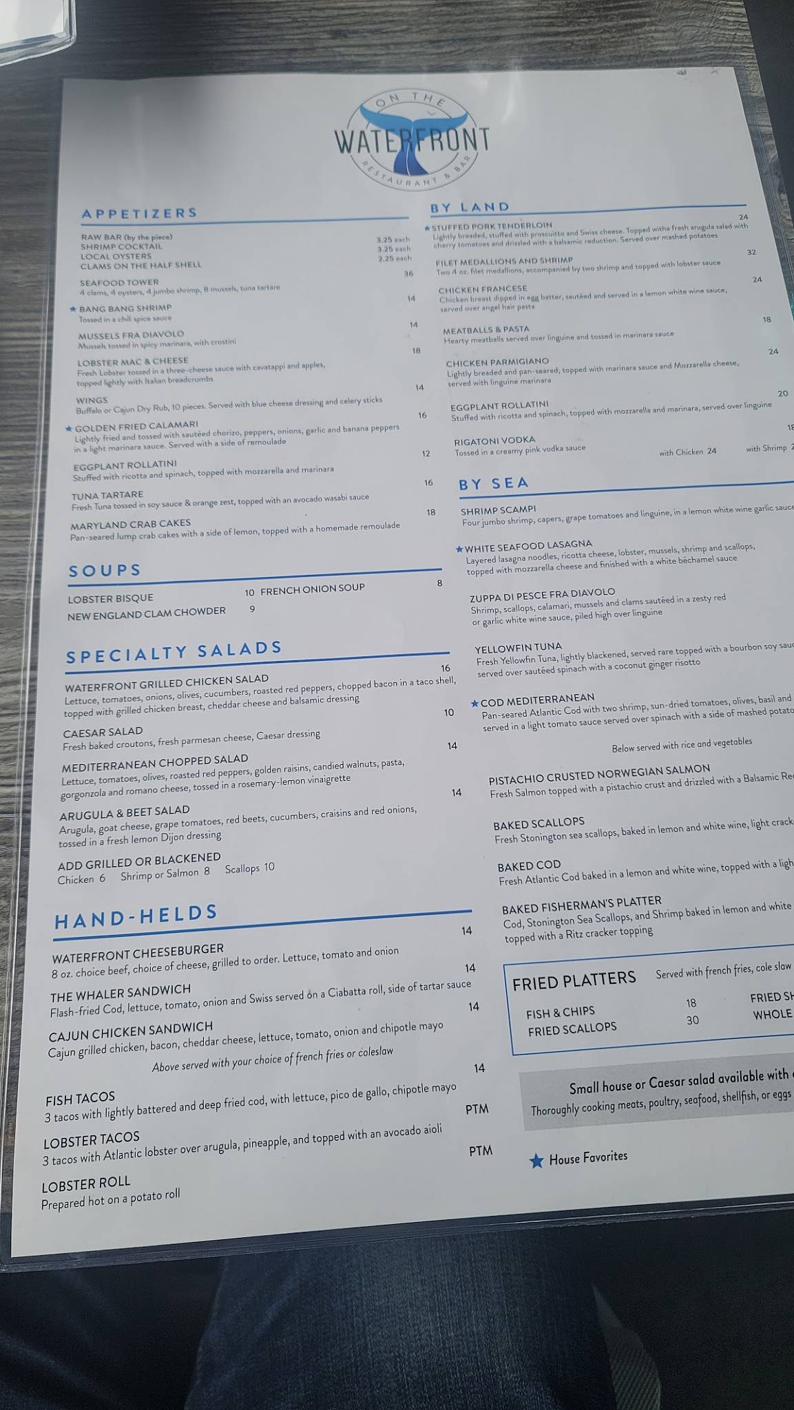 Menu at On The Waterfront Restaurant, New London
