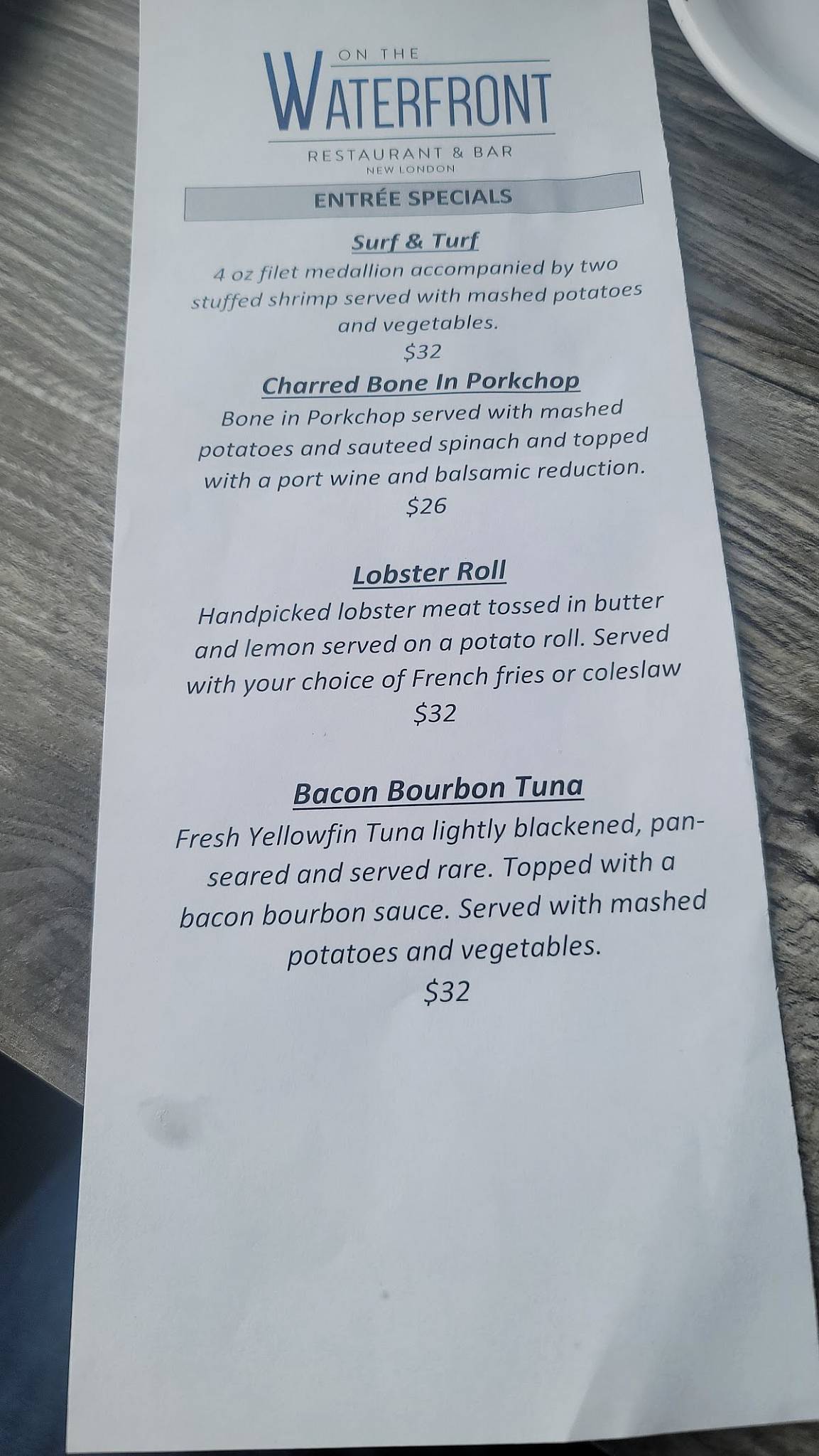 Menu at On The Waterfront Restaurant, New London