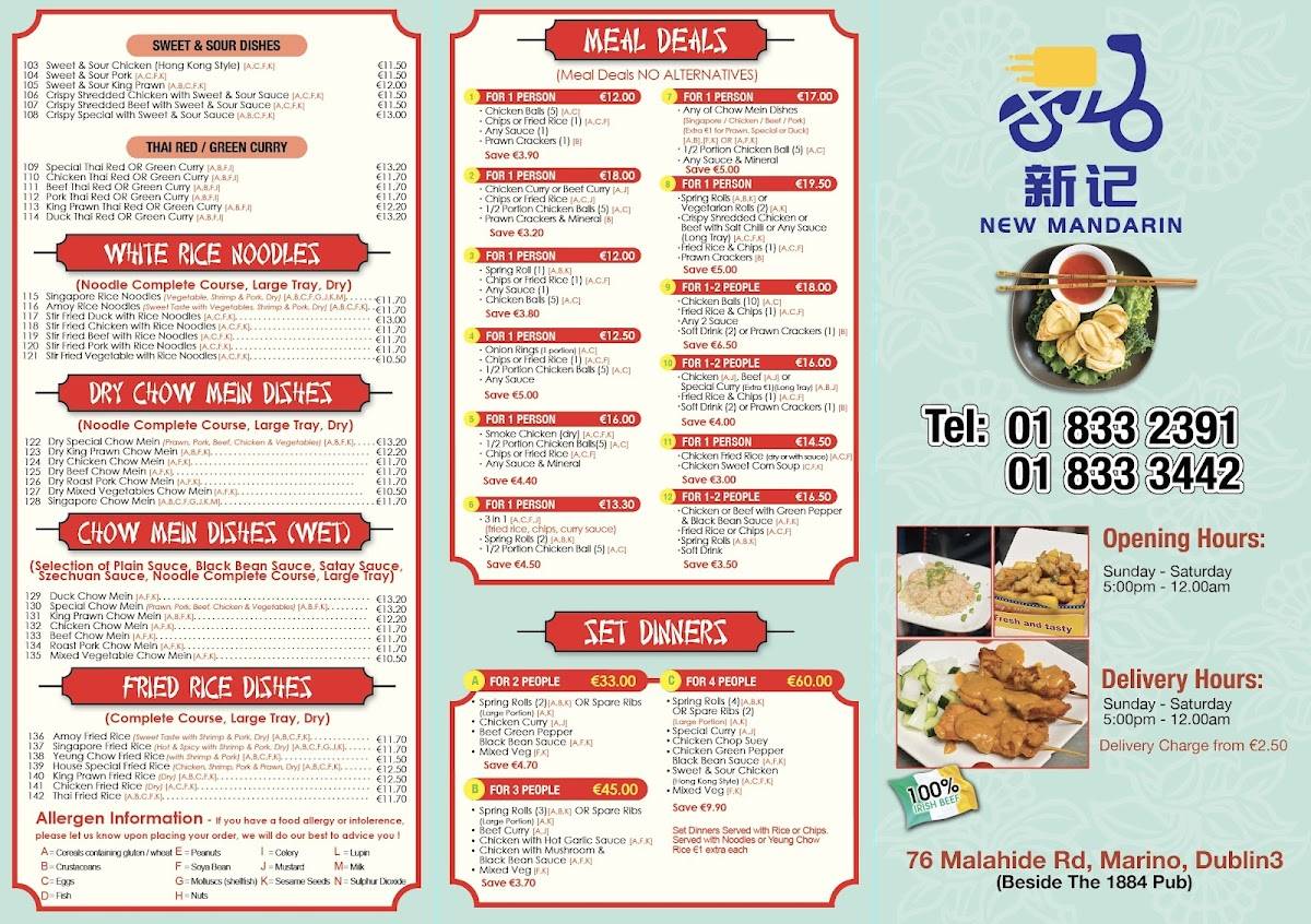 Menu at New Mandarin Chinese Takeaway fast food, Dublin, 76 Malahide Rd