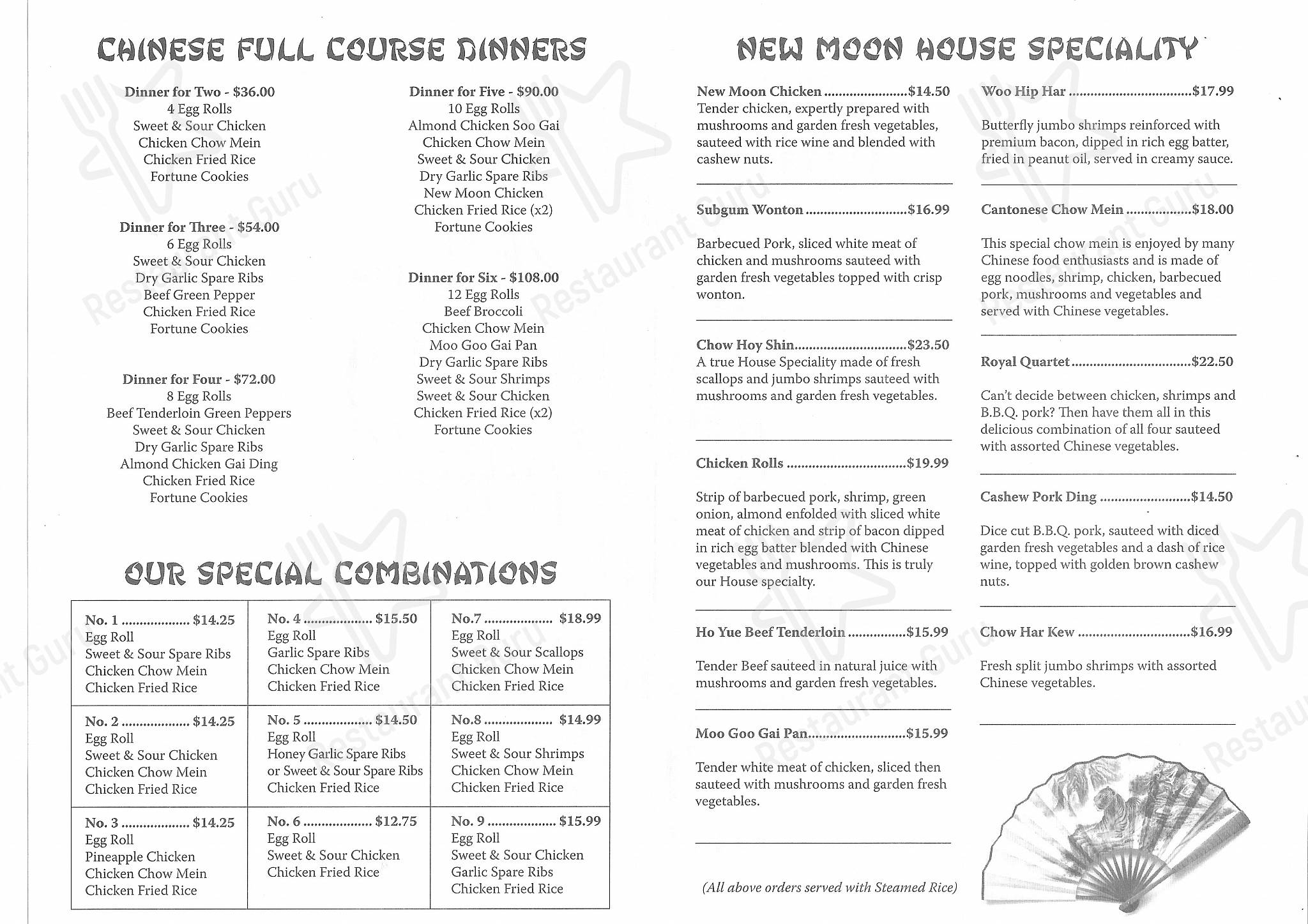 Menu at New Moon Restaurant, Sydney