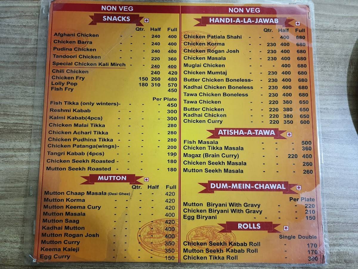 Menu at New Prem Dhaba, New Delhi