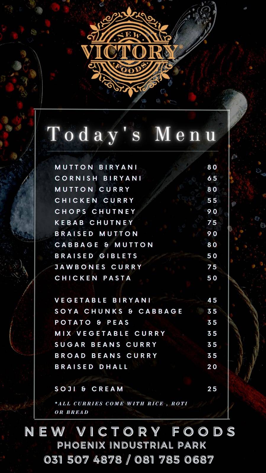 Menu at New Victory Foods restaurant, Durban North, Shop No. 1