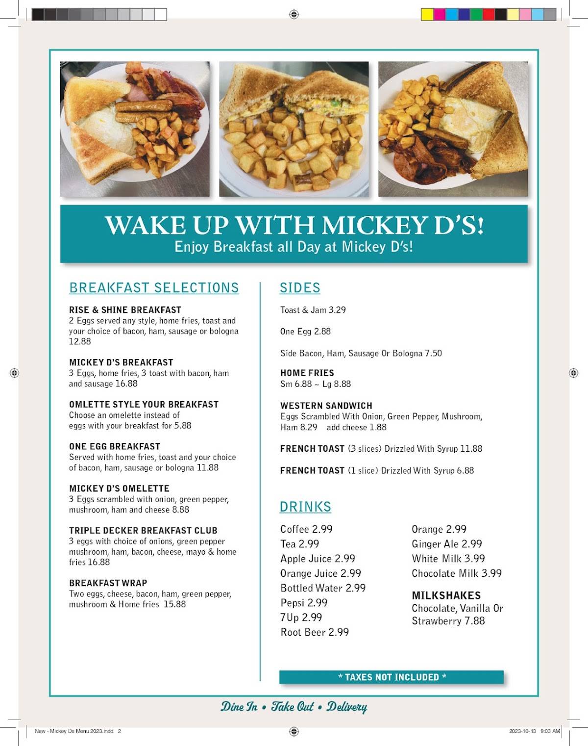Menu at Mickey D's restaurant, New Waterford