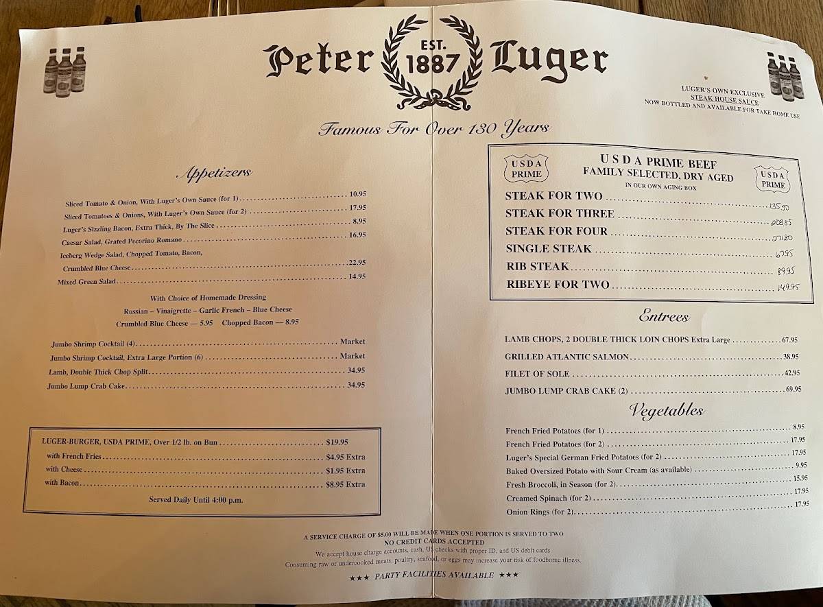 Menu at Peter Luger Steak House steakhouse, New York City, 178 Broadway