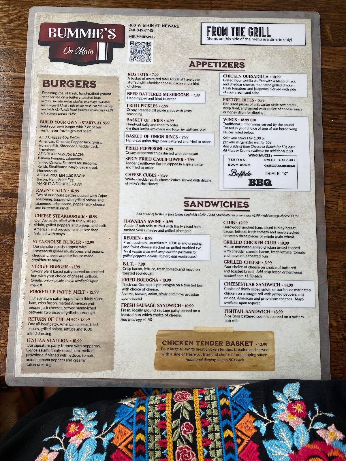 Menu at Bummie's On Main restaurant, Newark