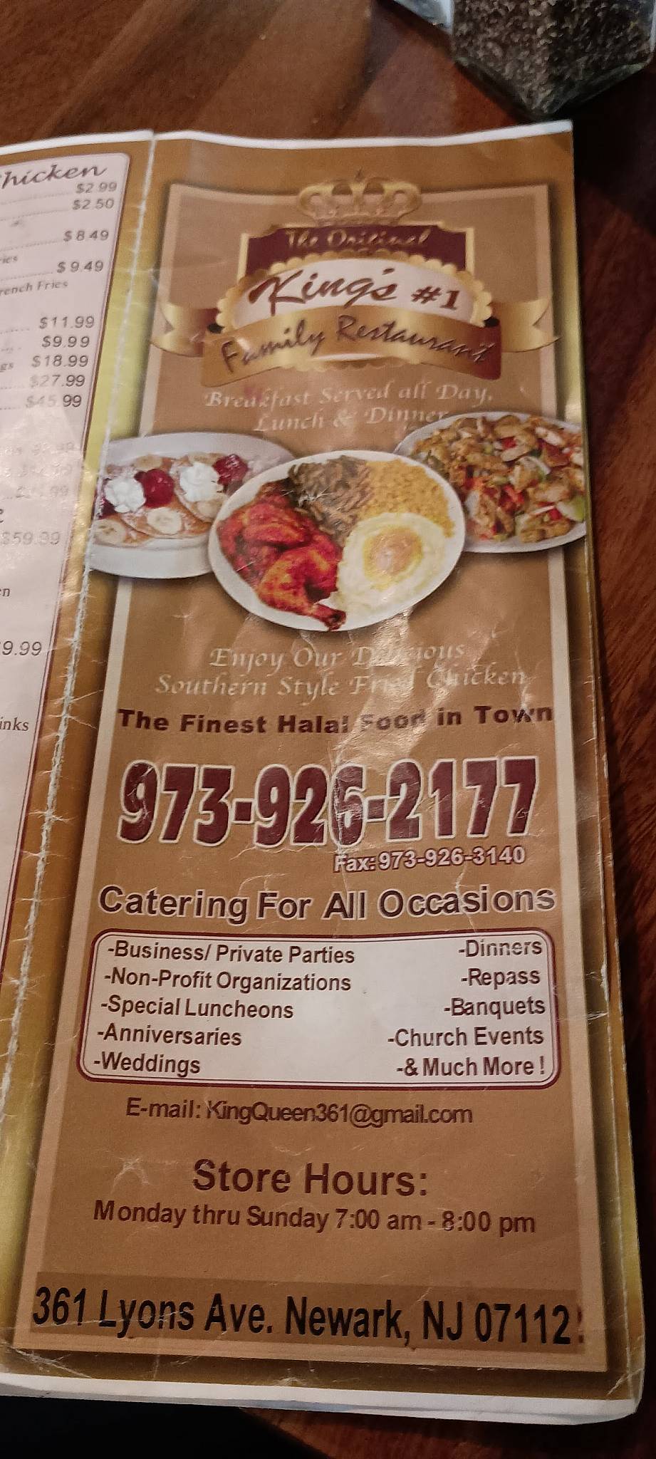 Menu at King's #1 Family Restaurant “Original Kings”, Newark, 361 Lyons Ave