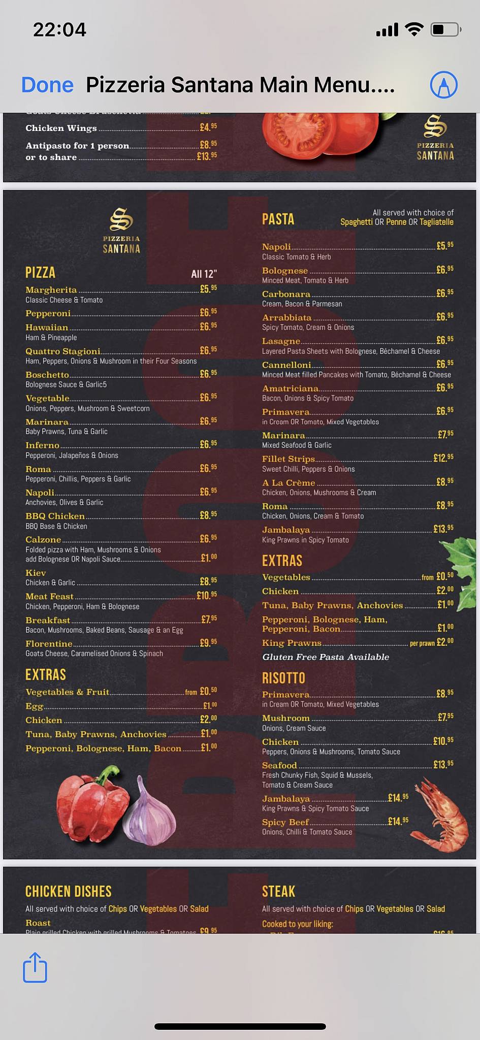Menu at Pizzeria Santana, Newcastle upon Tyne, 131-133 Jesmond Rd