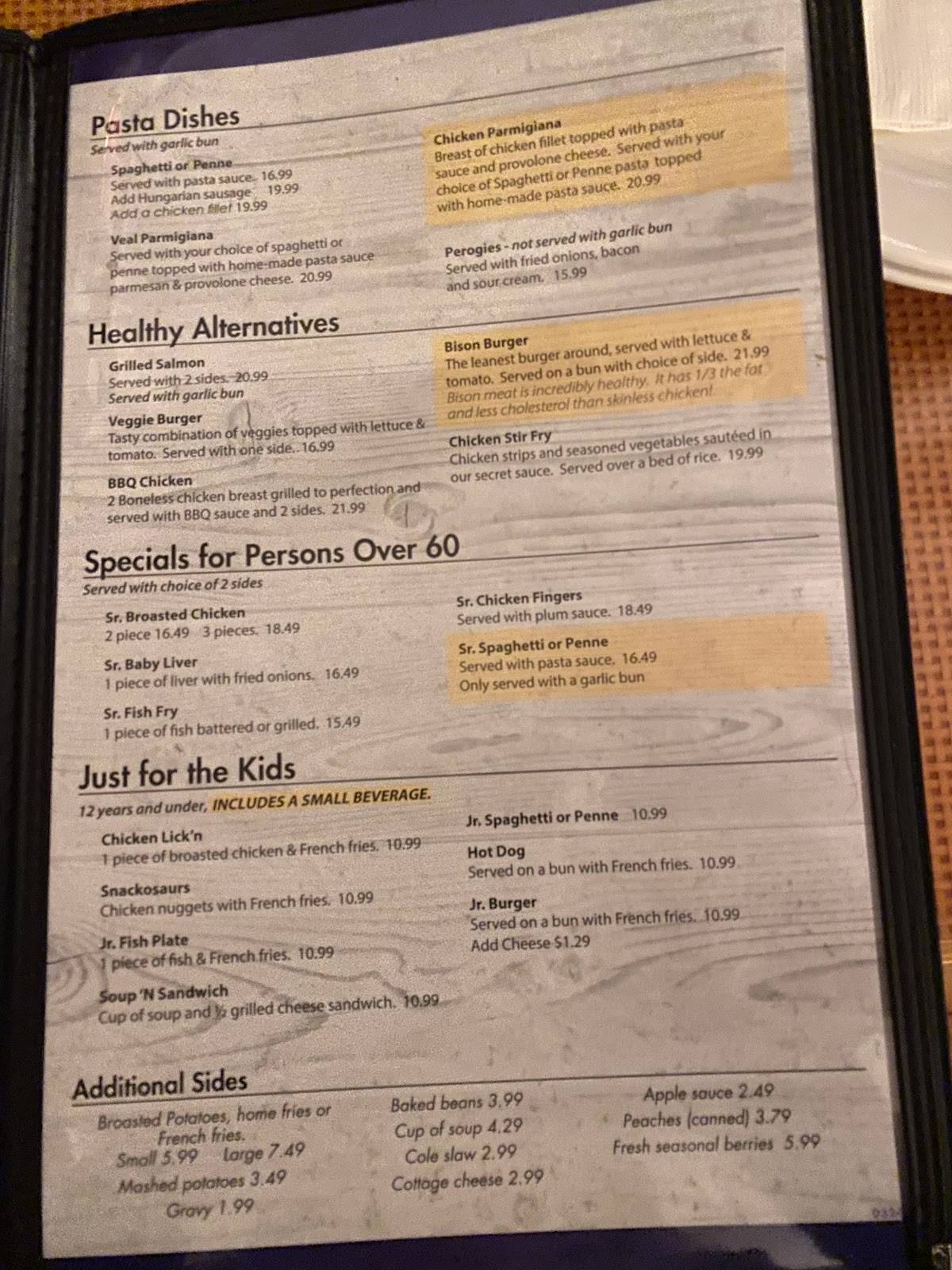 Menu at Falls Manor Restaurant, Niagara Falls