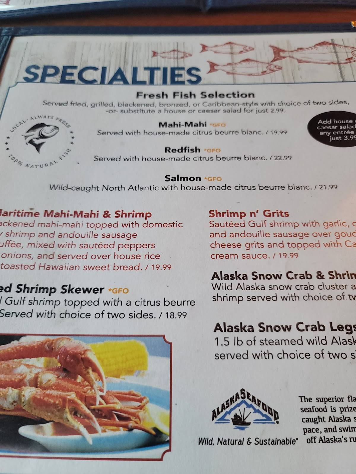 Menu at Nick's Boathouse restaurant, Pensacola