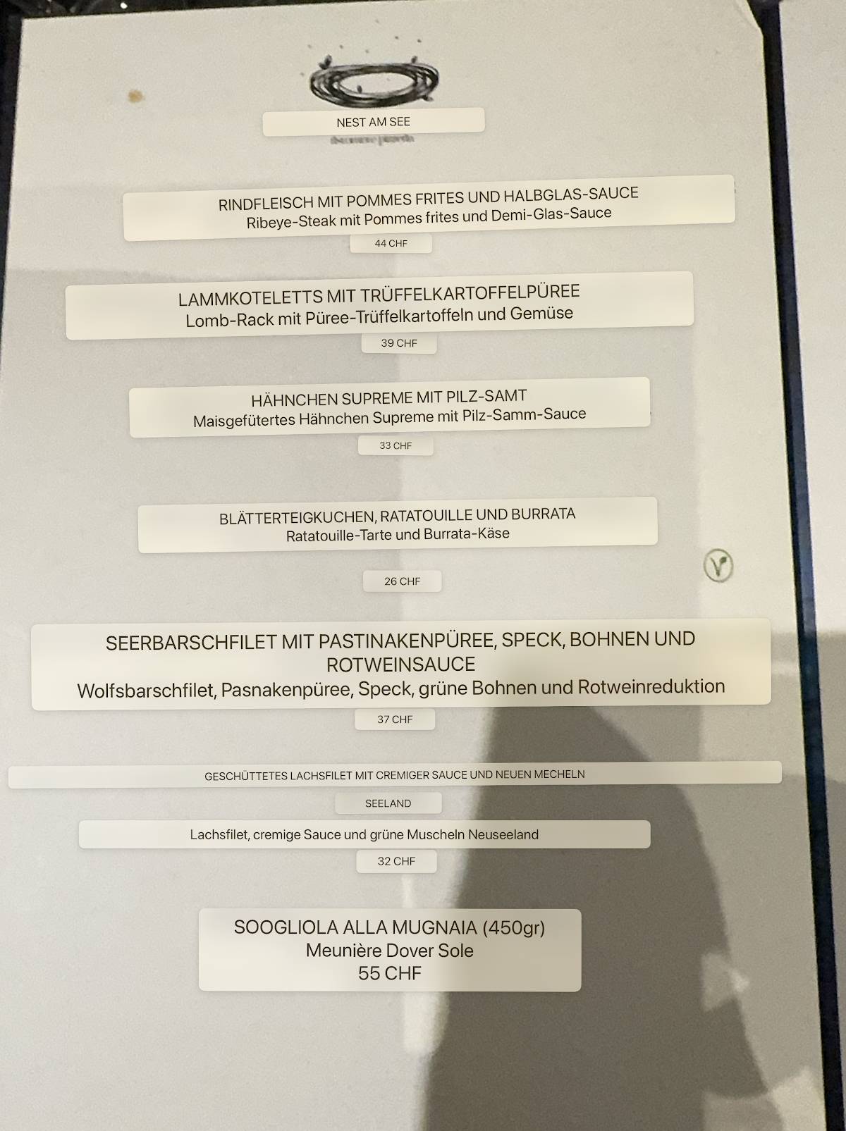 Menu da Nido al Lago, Lugano