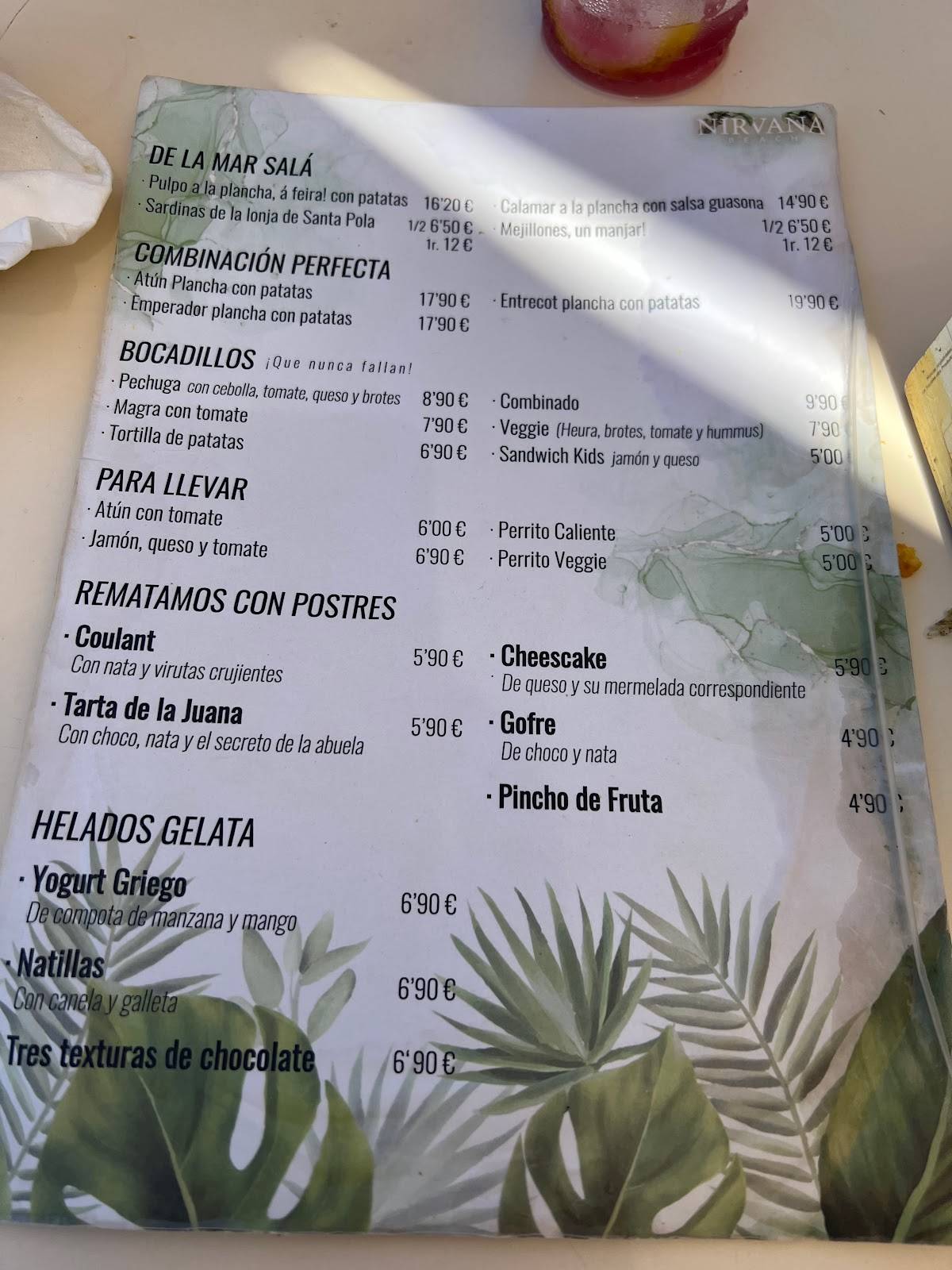Carta del pub y bar Nirvana beach, El Altet
