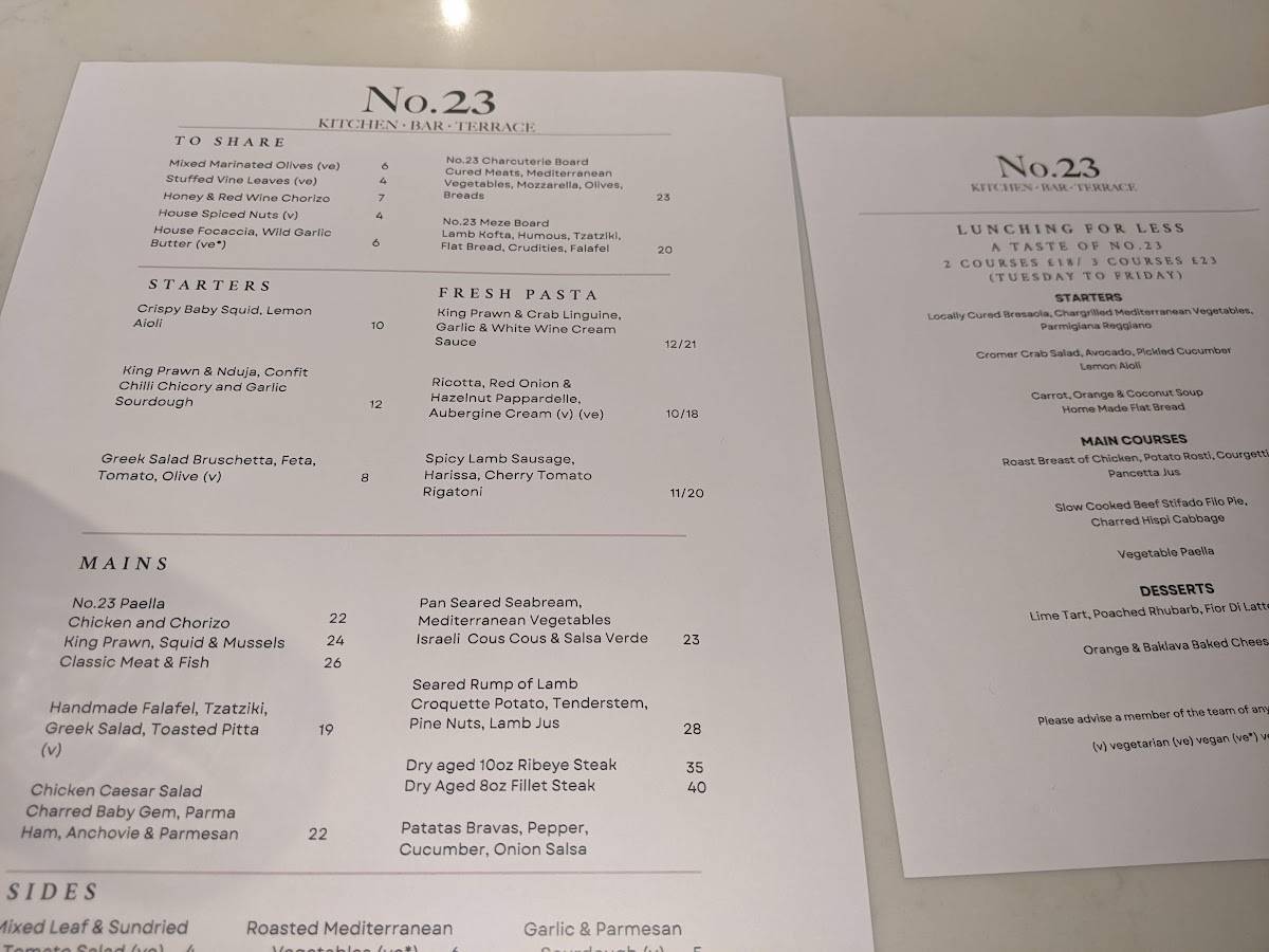Menu at No 23 restaurant, Uppingham