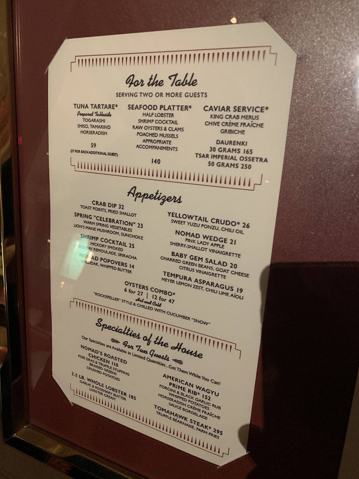 Menu at NoMad Library Restaurant, Las Vegas