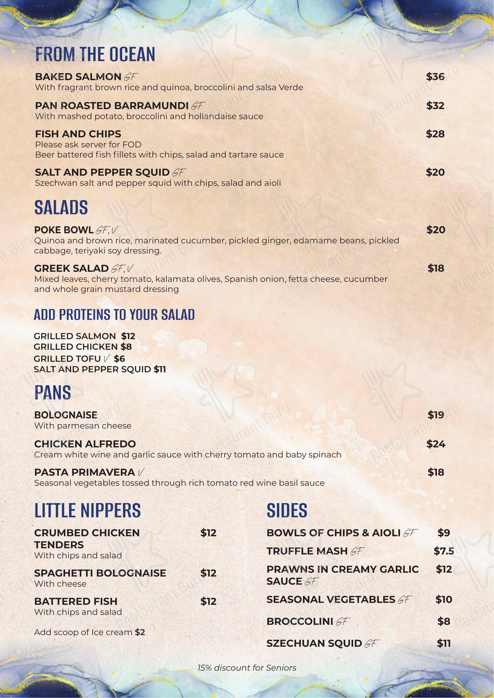 Menu at Nobby's Beach Surf Club, Mermaid Beach