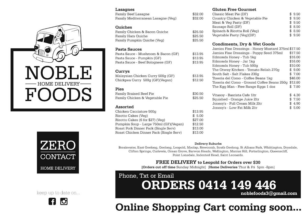 Menu at Noble Foods restaurant, Leopold