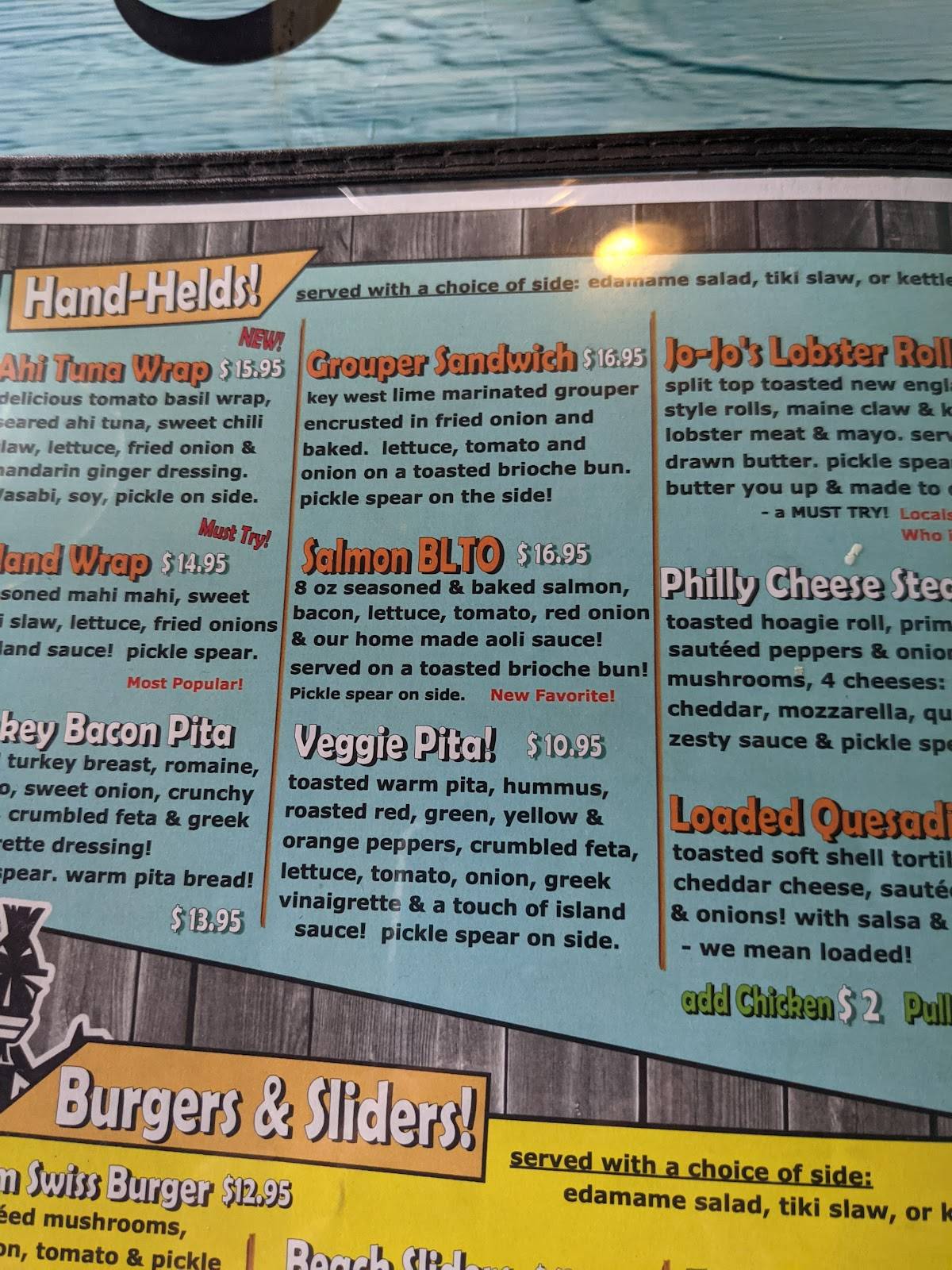 Menu at Nokomo's Sunset Hut restaurant, Nokomis