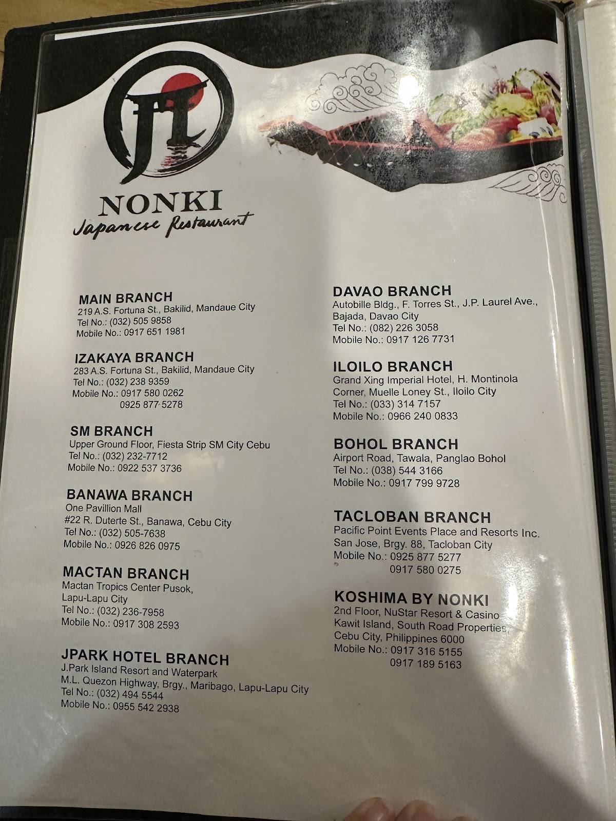 Menu at Nonki restaurant, Cebu City, Sergio Osmeña Jr Boulevard Mabolo