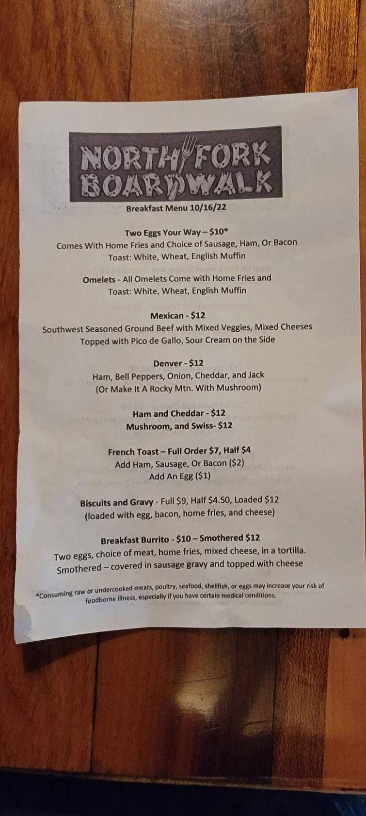 Menu at North Fork Boardwalk pub & bar, Crawford