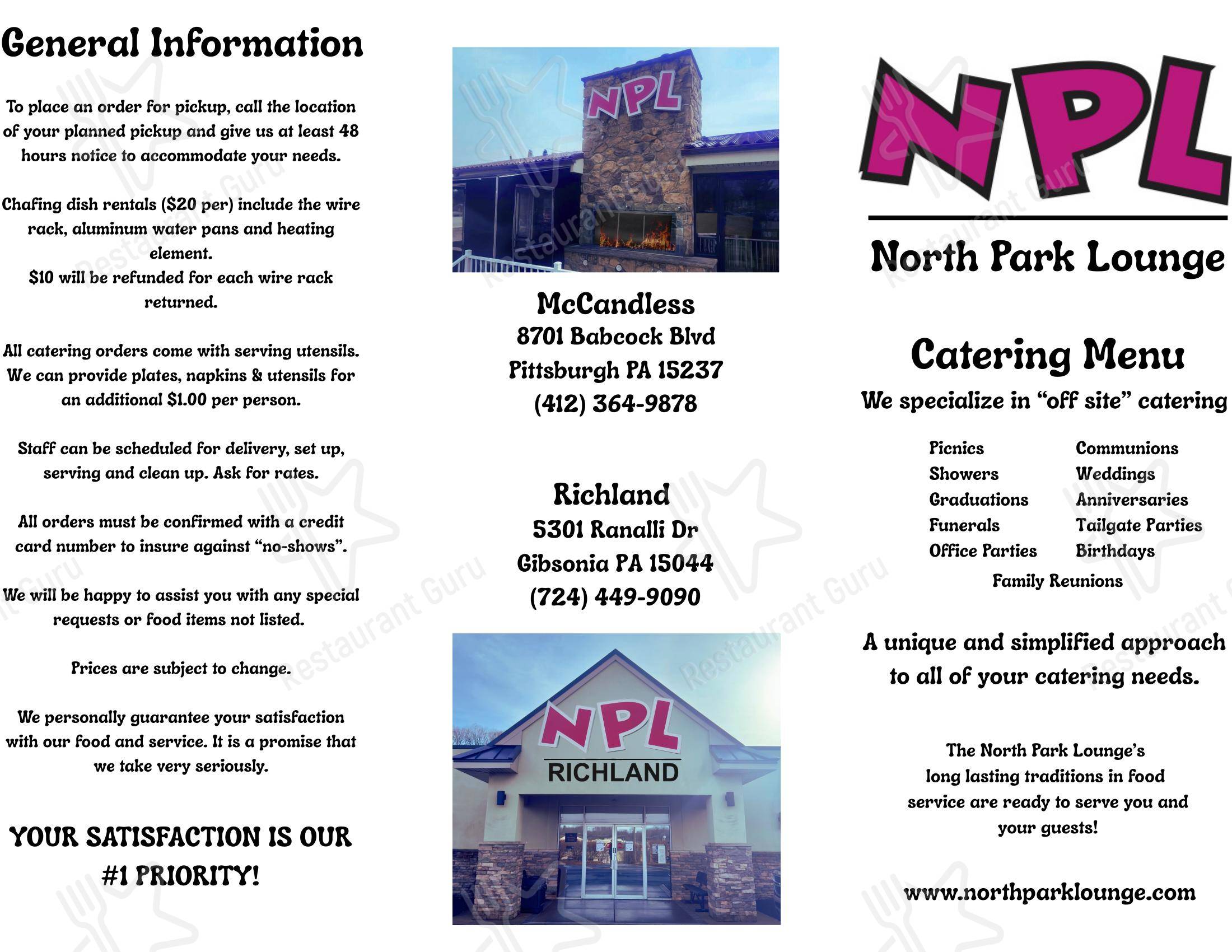 Menu at North Park Lounge Richland pub & bar, Gibsonia