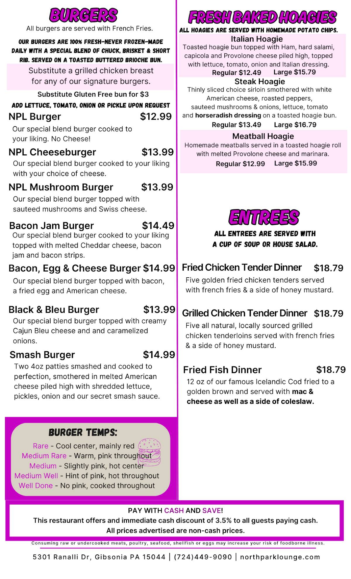 Menu at North Park Lounge Richland pub & bar, Gibsonia