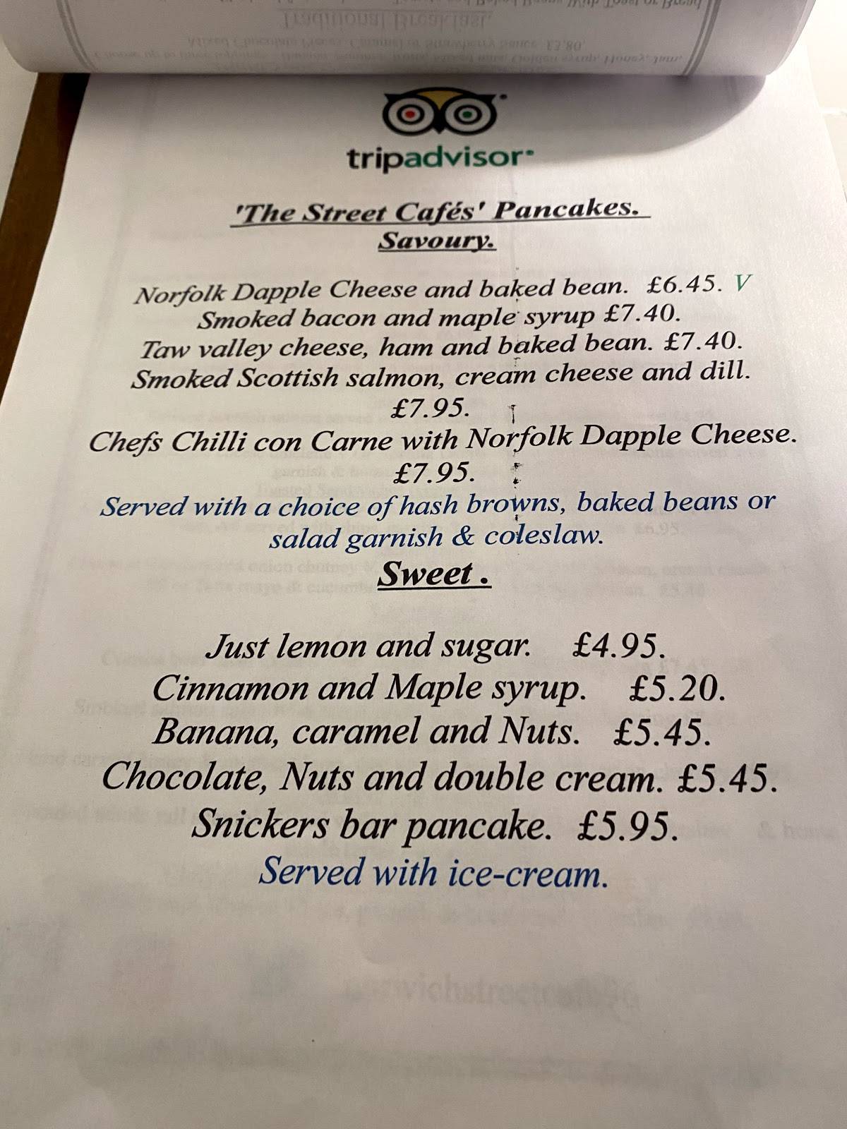 Menu at The Street Cafe, Norwich