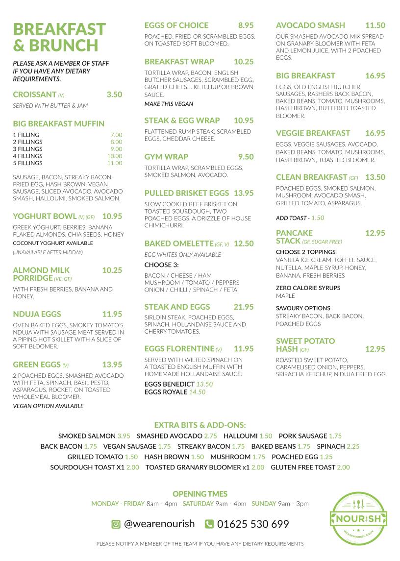 Menu at Nourish cafe, Wilmslow