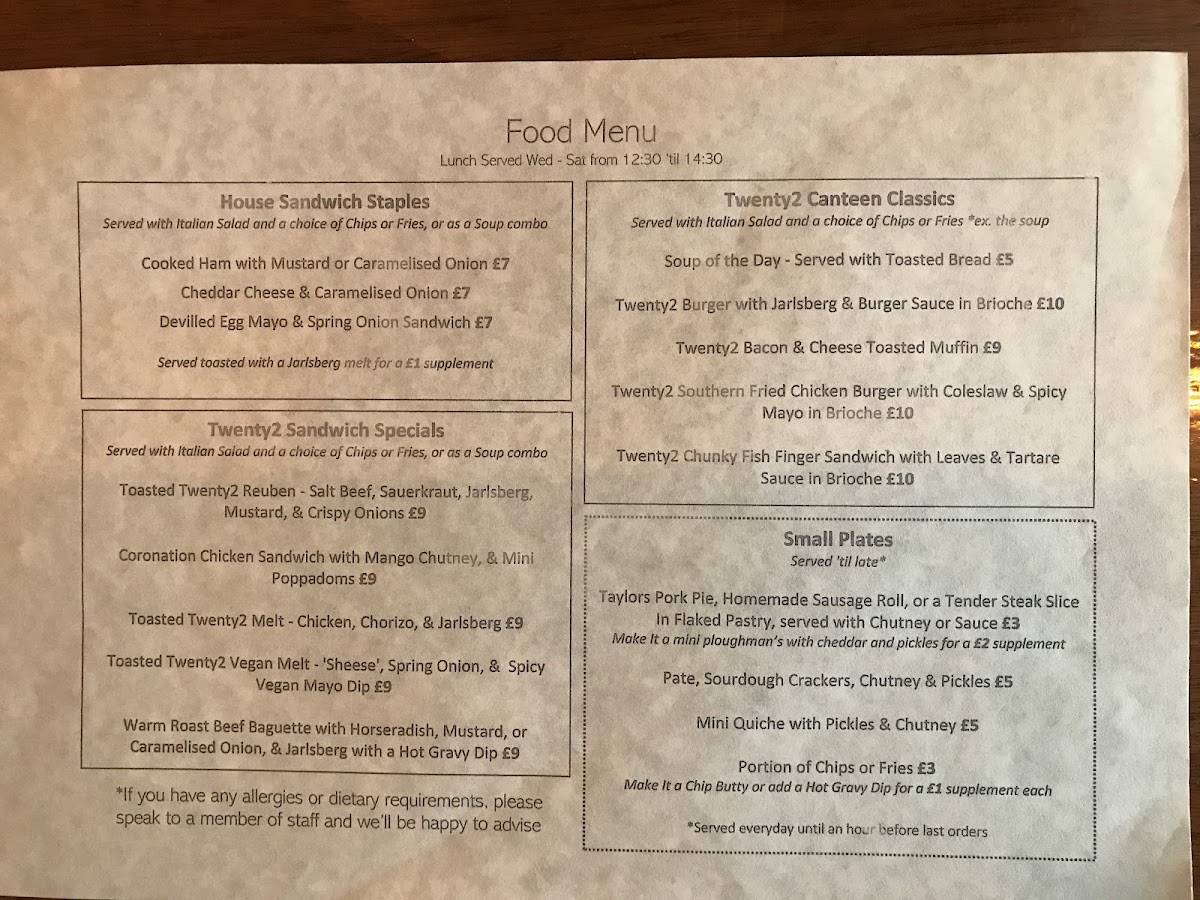 Menu at Number Twenty 2 pub & bar, Darlington