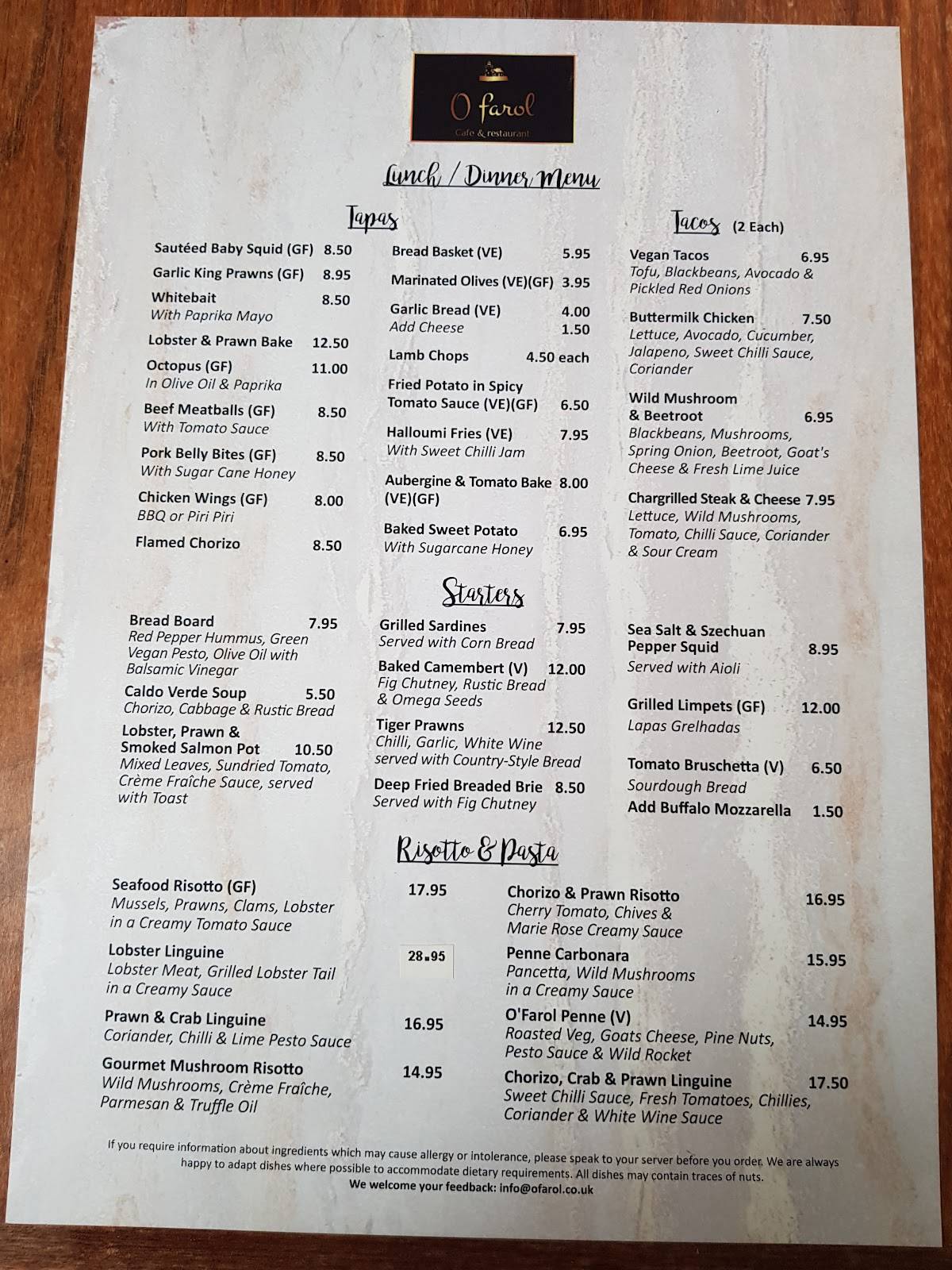 Menu at O Farol restaurant, Purley