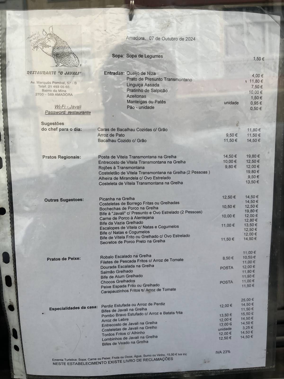 Menu at O Javali restaurant, Amadora, Av. Marquês de Pombal 57A