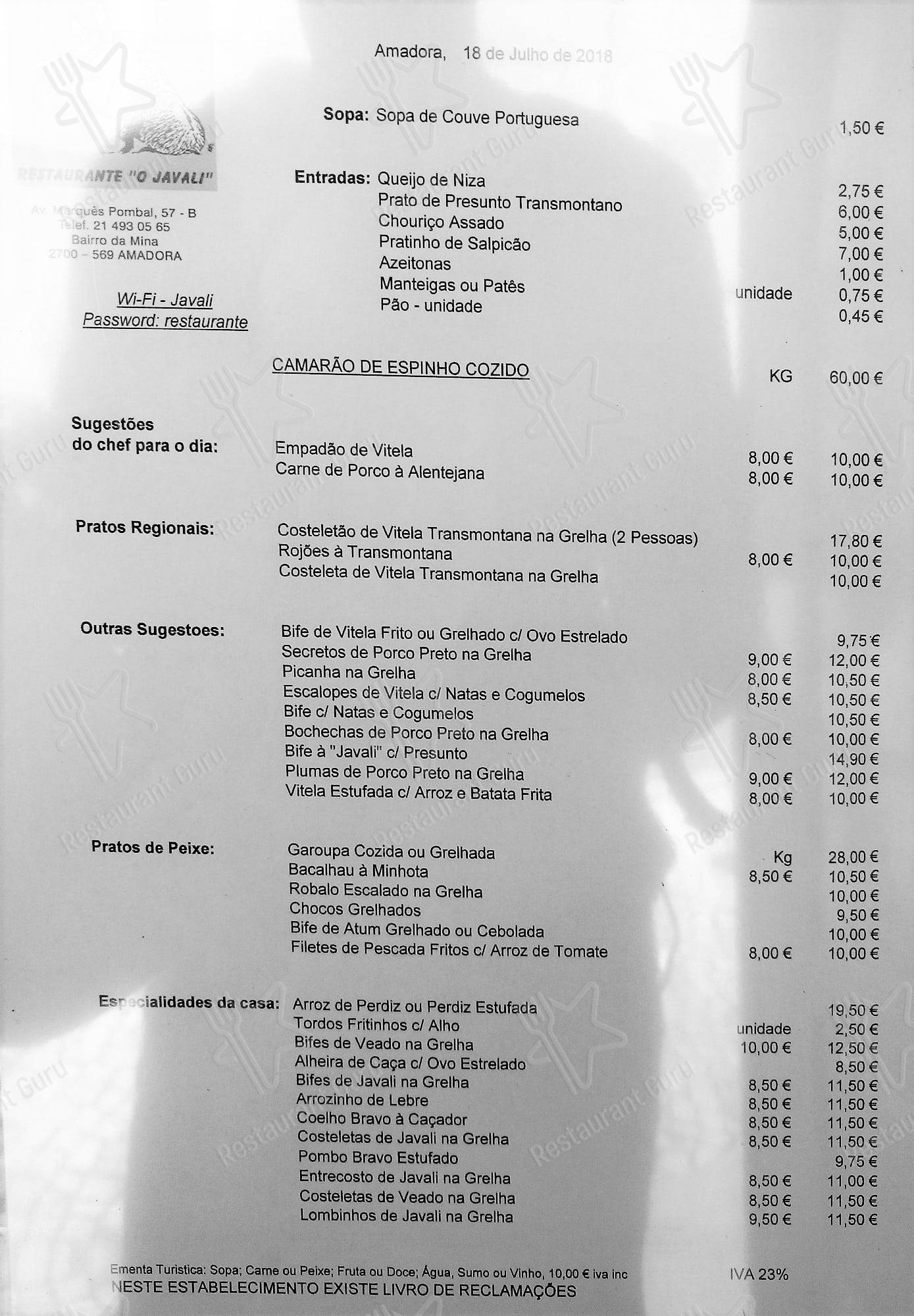 Menu at O Javali restaurant, Amadora, Av. Marquês de Pombal 57A