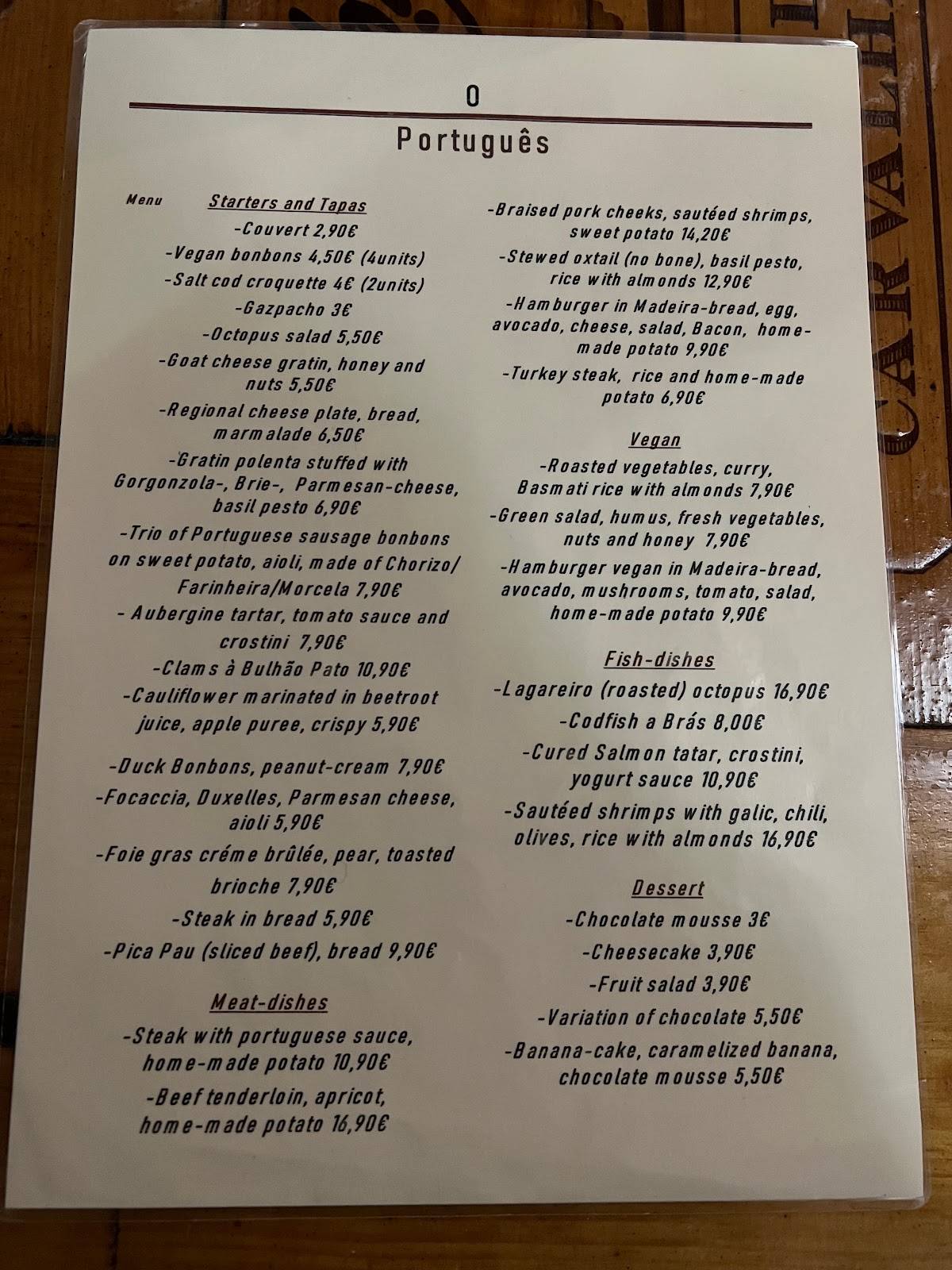 Menu at O Português Chiado restaurant, Lisbon